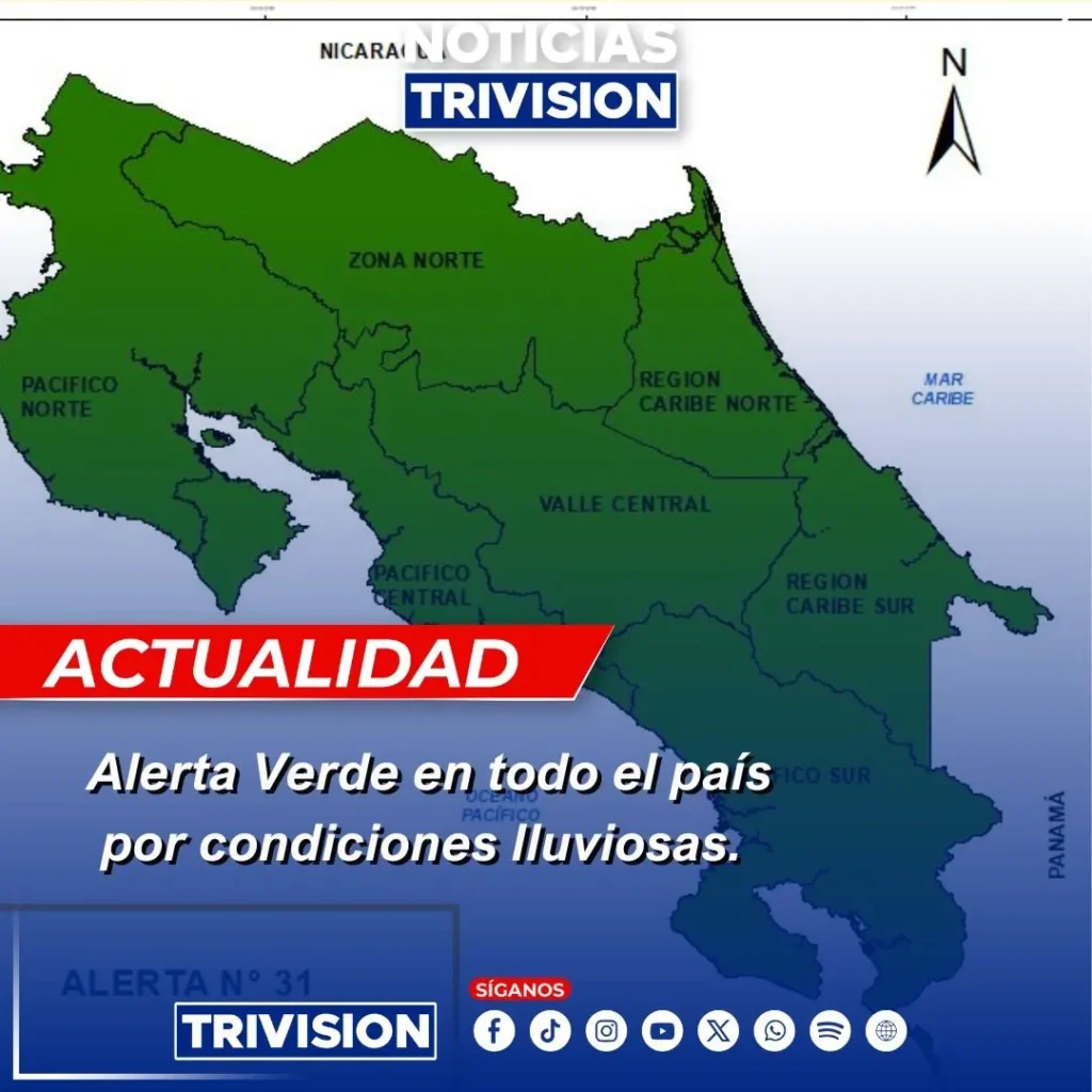 IMN declara Alerta Verde en Costa Rica por fuertes lluvias